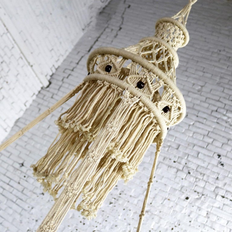 Vintage Bohemian White Macramé Hanging Table with Round Glass Top at ...