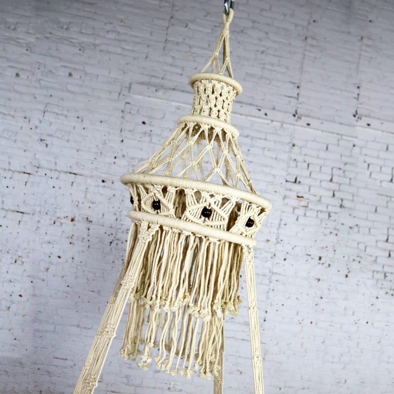 Vintage Bohemian White Macramé Hanging Table with Round Glass Top at ...