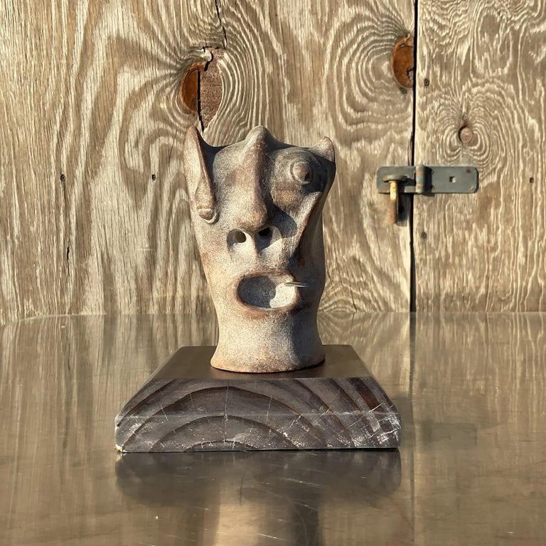 Vintage Boho Abstract Carved Stone Head Sculpture For Sale at 1stDibs
