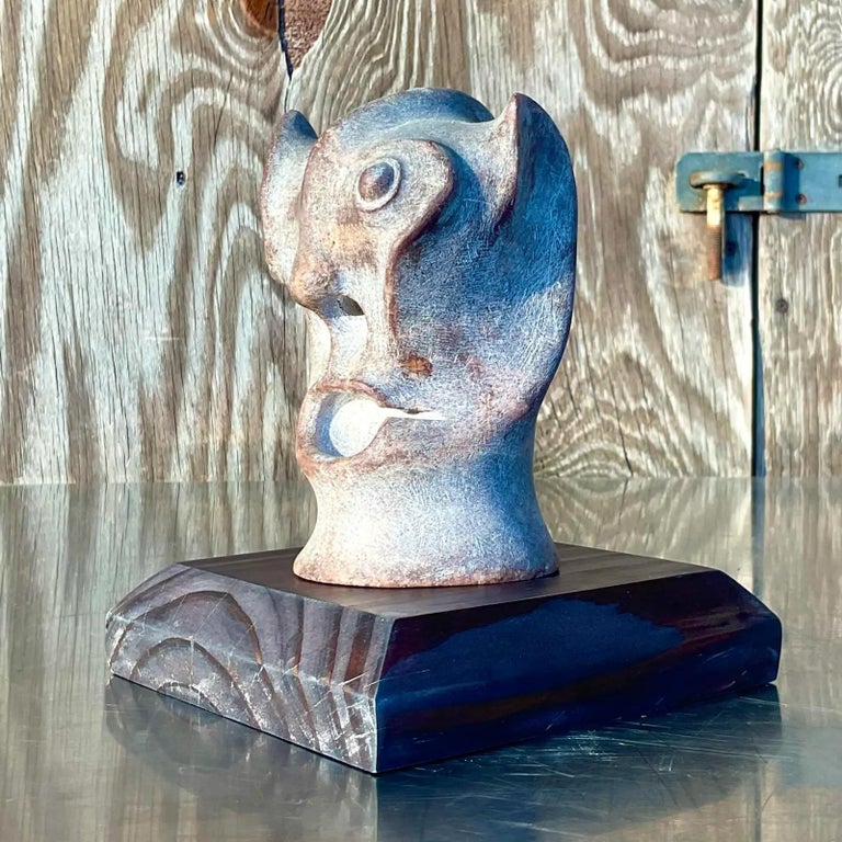 Vintage Boho Abstract Carved Stone Head Sculpture For Sale at 1stDibs
