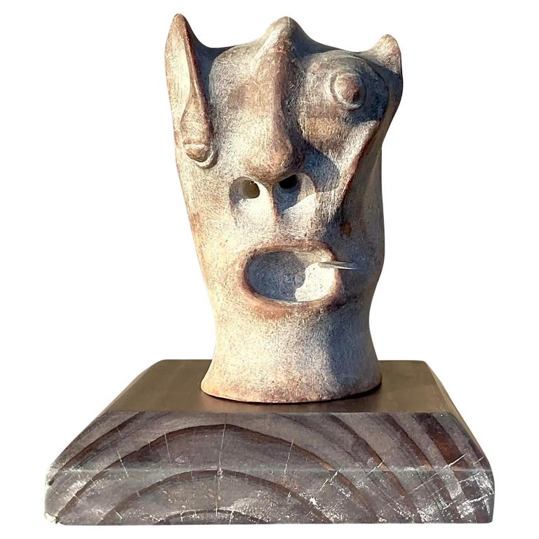 Vintage Boho Abstract Carved Stone Head Sculpture For Sale at 1stDibs