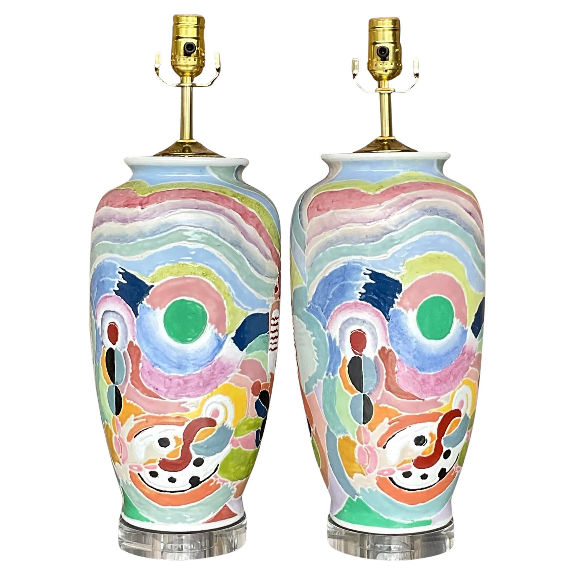 Vintage Boho Abstract Landscape Glazed Ceramic Lamps - a Pair For Sale ...