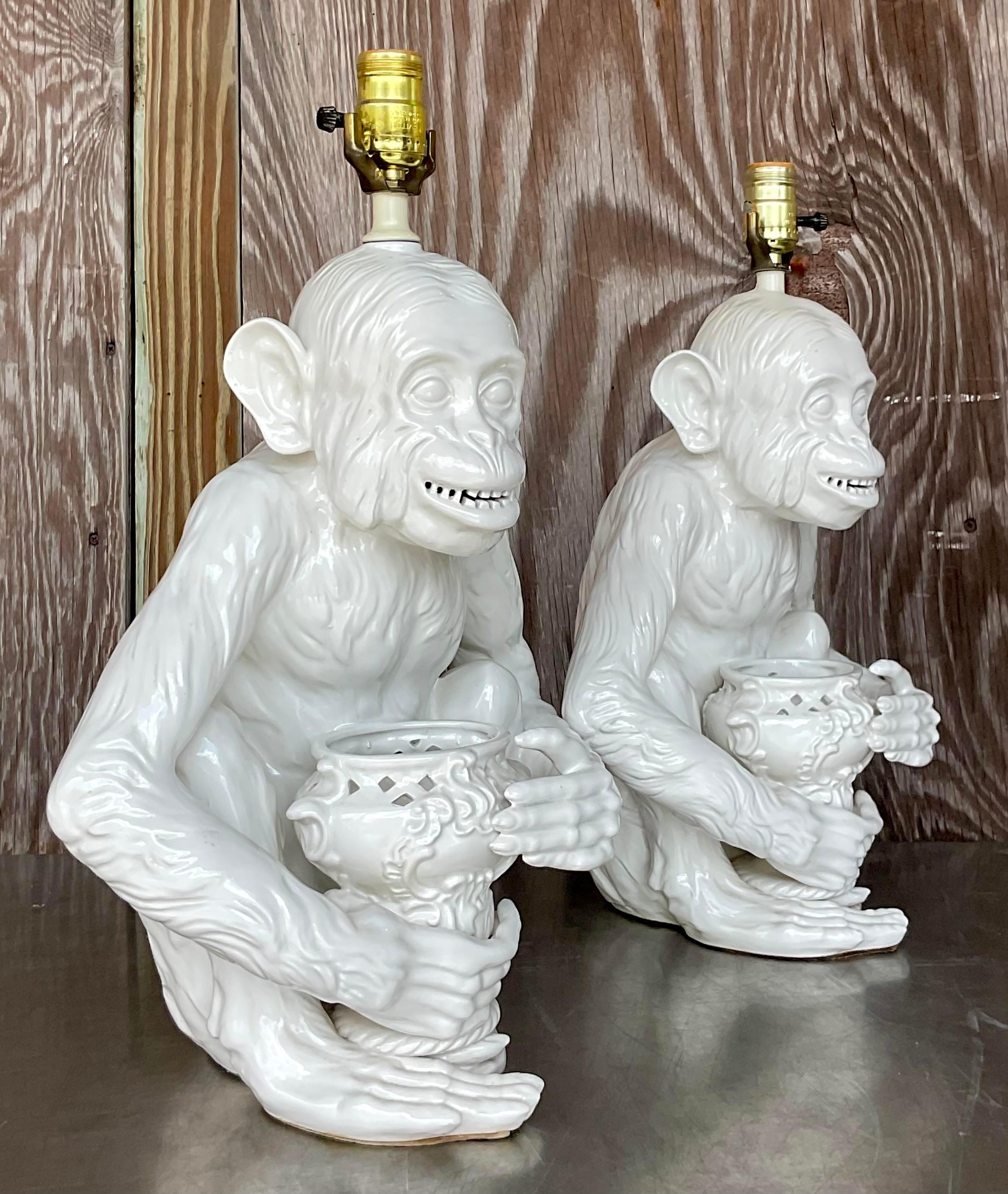 Vintage Boho Blanc De Chine Glazed Ceramic Monkey Lamps - a Pair For ...