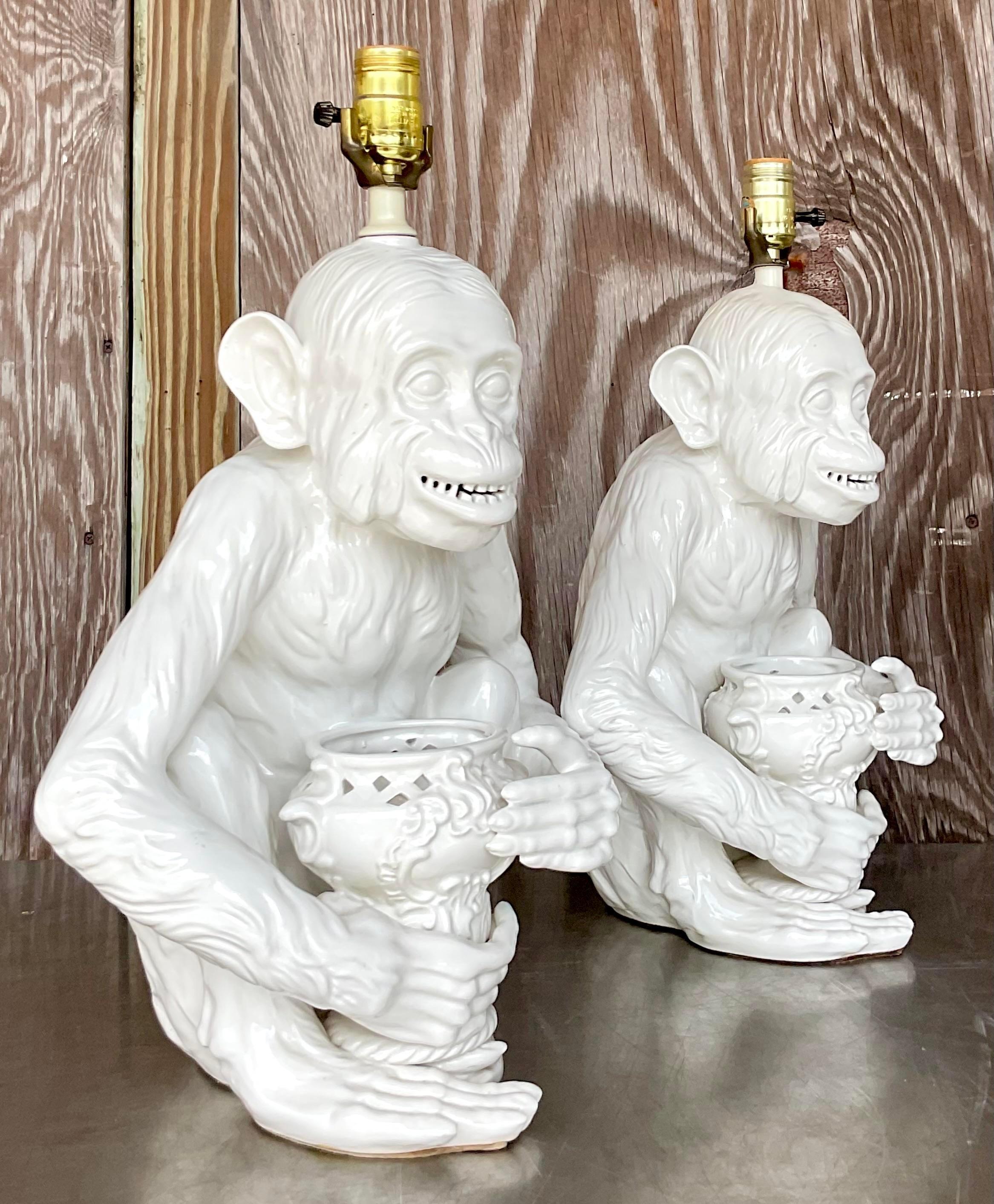 Vintage Boho Blanc De Chine Glazed Ceramic Monkey Lamps - a Pair For ...