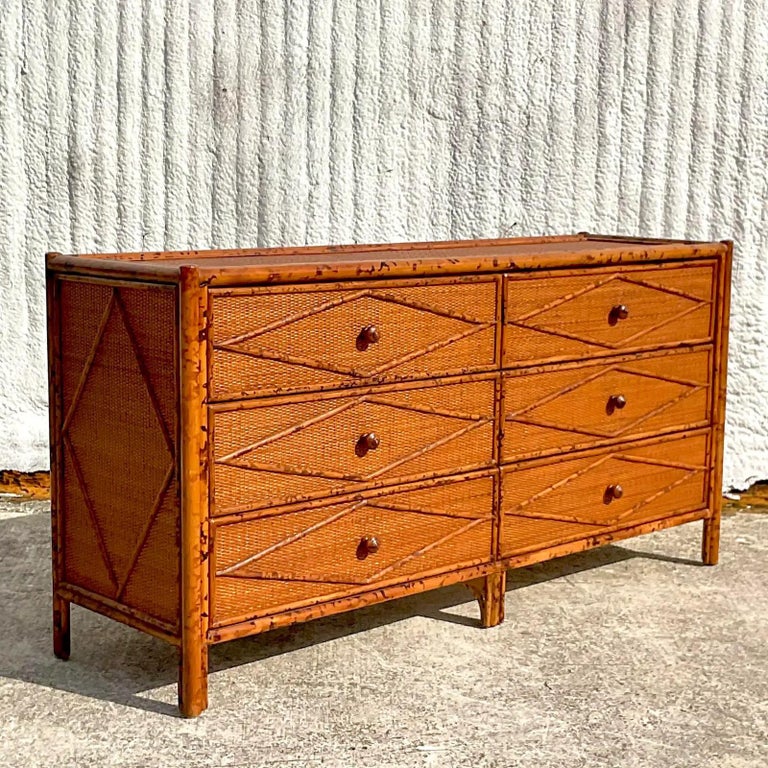 Vintage Boho Bloomingdale’s Tortoise Bamboo Six Drawer Dresser at 1stDibs