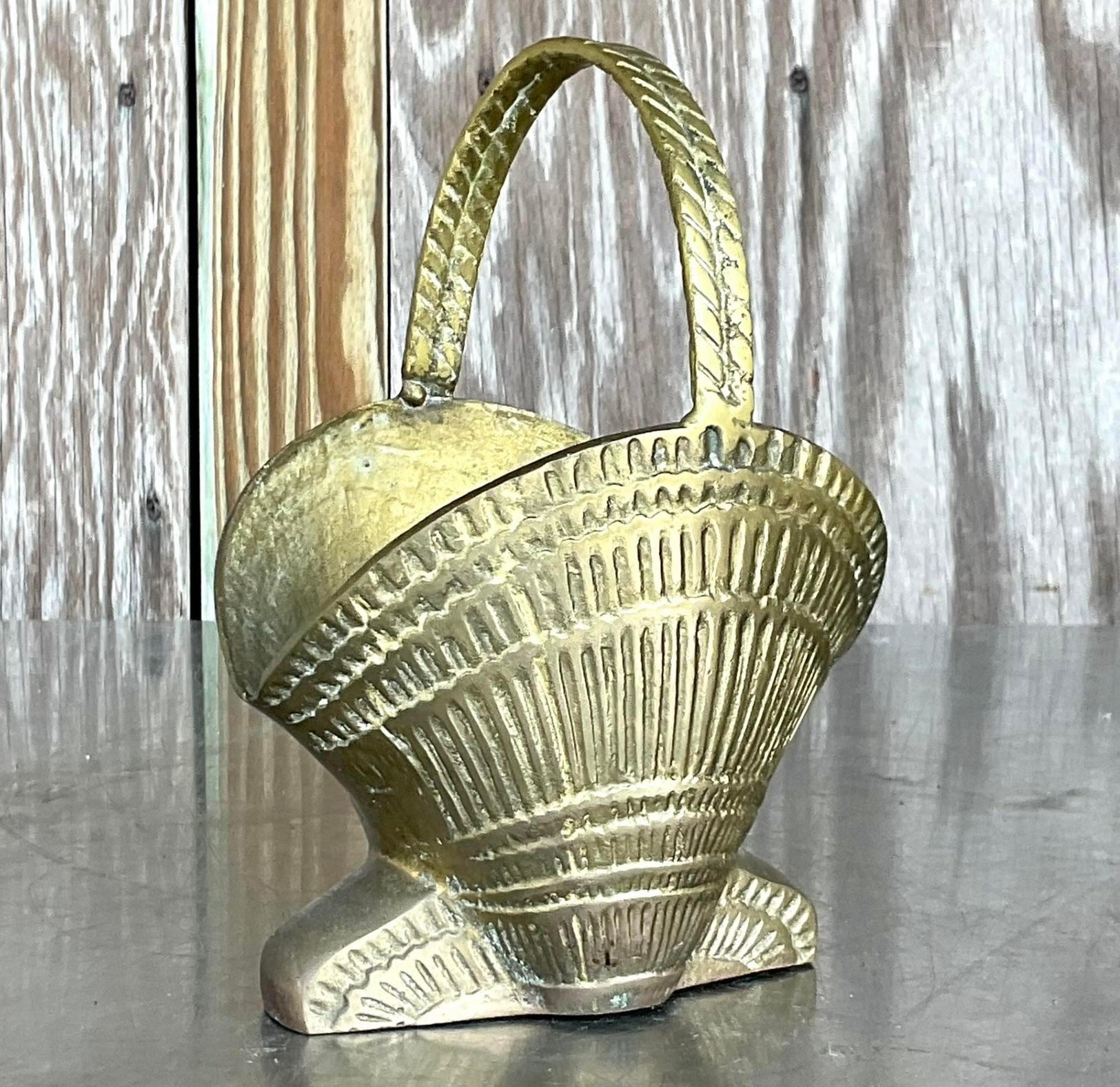 Vintage Boho Brass Shell Basket Vase For Sale at 1stDibs
