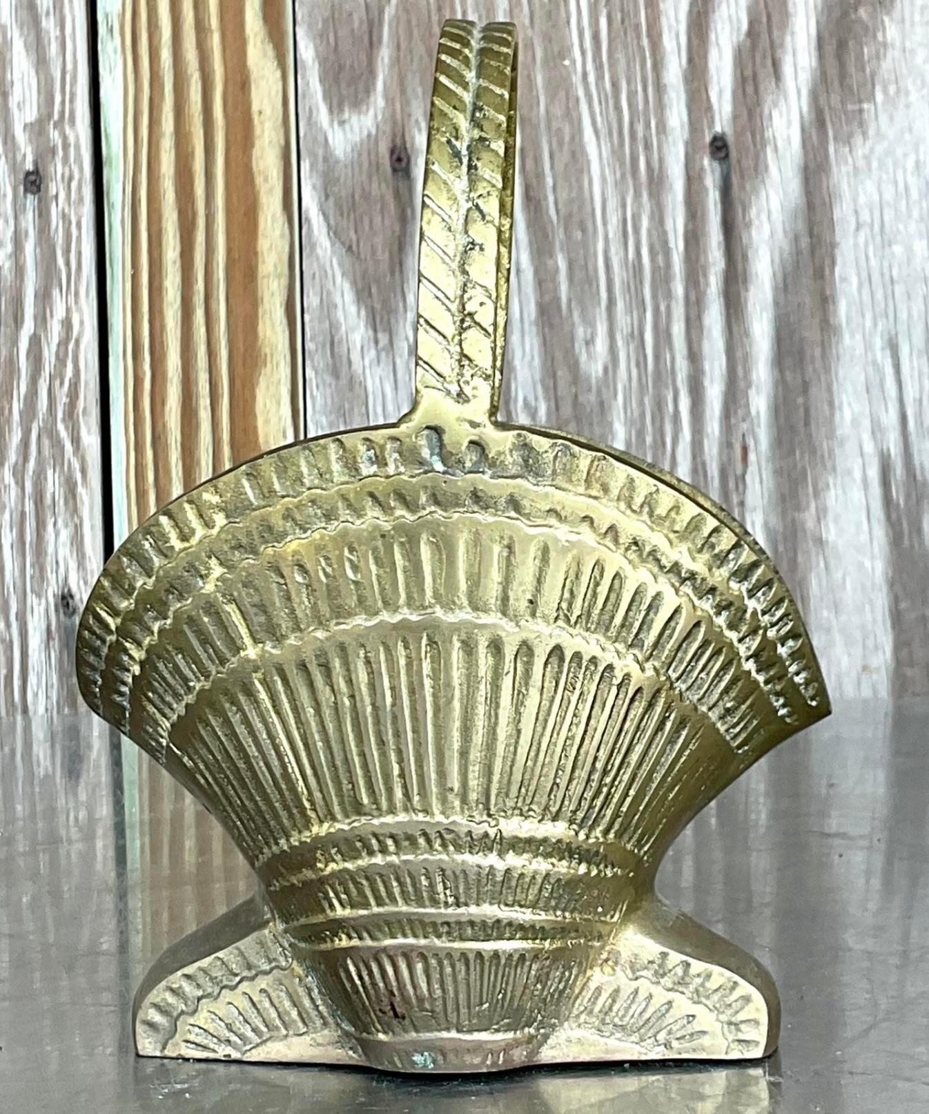 Vintage Boho Brass Shell Basket Vase For Sale at 1stDibs