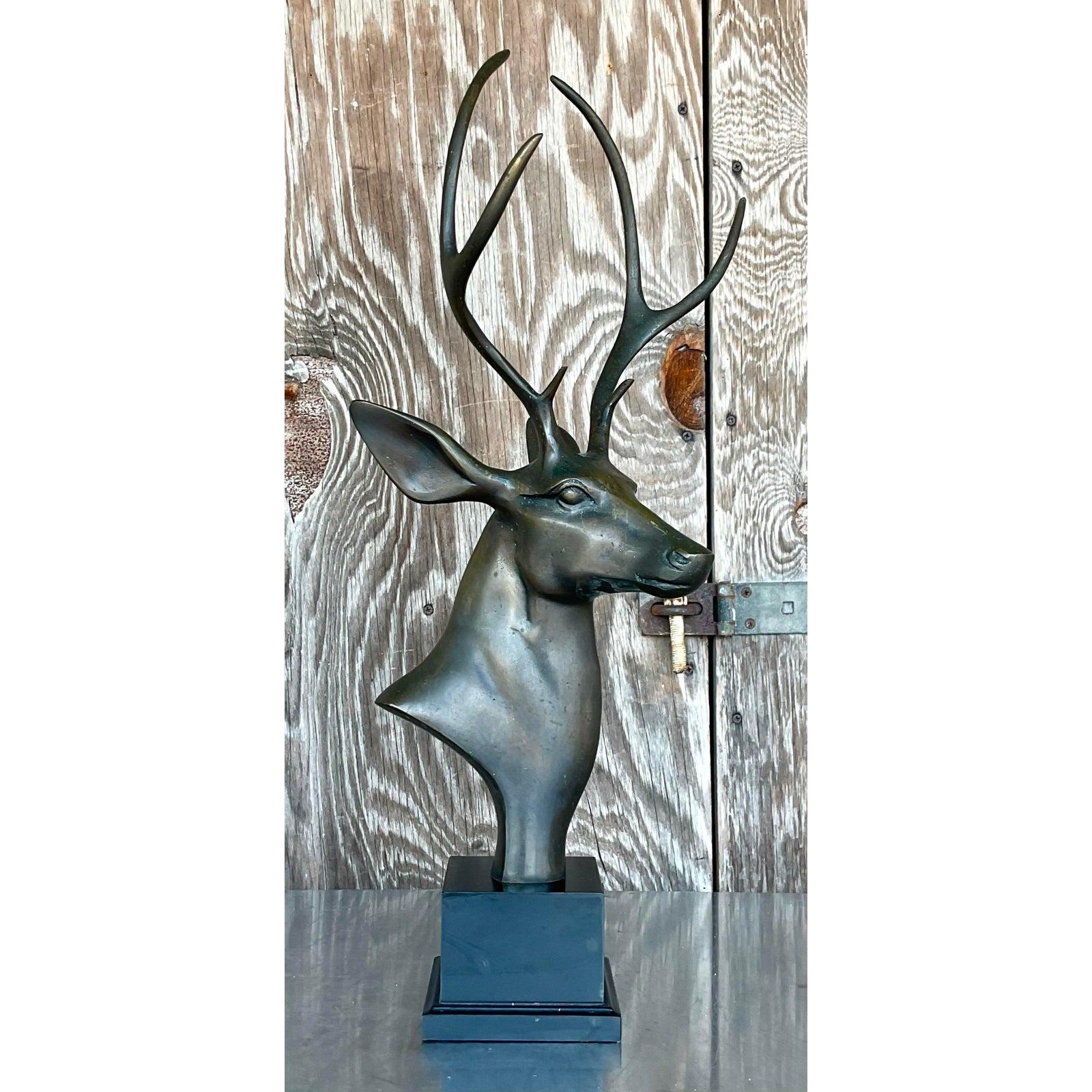 Vintage Boho Bronze Sculpture of Stag on Plinth For Sale at 1stDibs