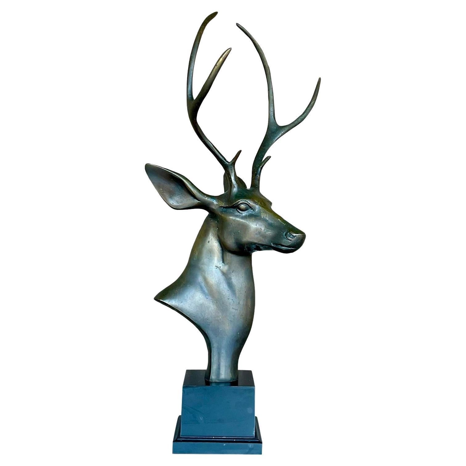 Vintage Boho Bronze Sculpture of Stag on Plinth For Sale at 1stDibs