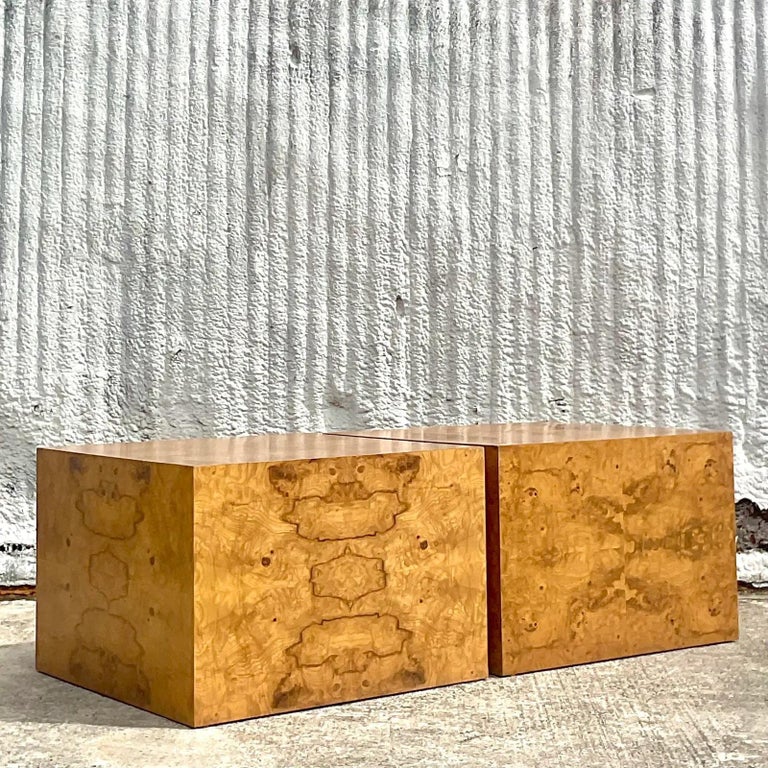 Vintage Boho Burl Wood Block Side Tables After Milo Baughman, Pair For ...