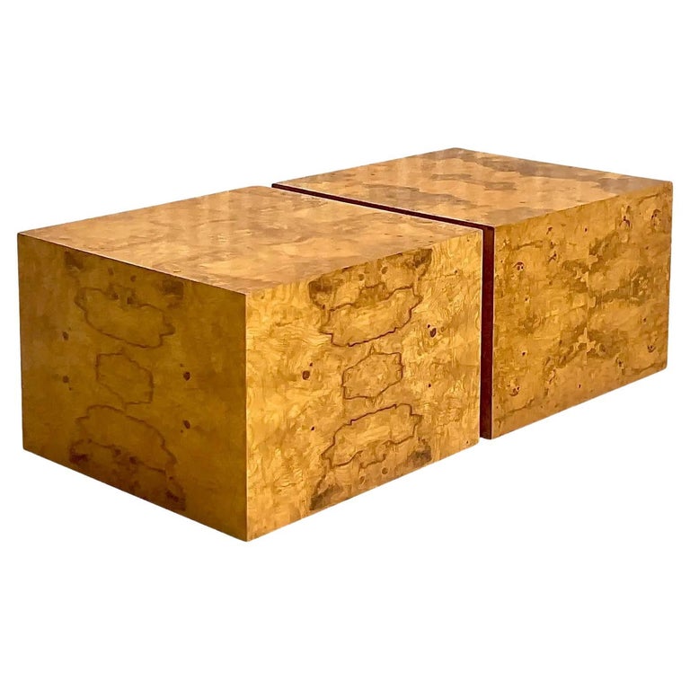 Vintage Boho Burl Wood Block Side Tables After Milo Baughman, Pair For ...