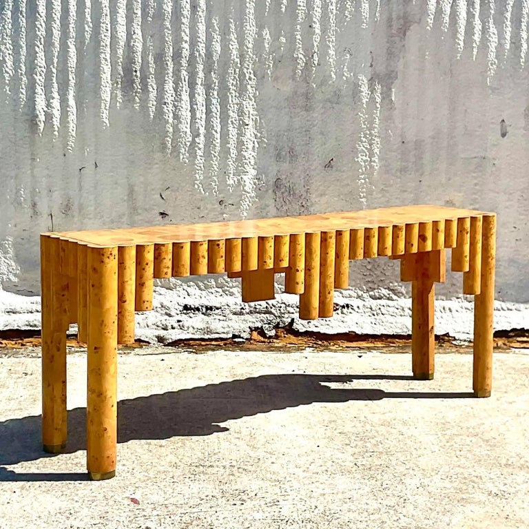 Vintage Boho Burl Wood Scalloped Trip Console Table For Sale at 1stDibs