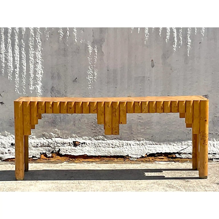 Vintage Boho Burl Wood Scalloped Trip Console Table For Sale at 1stDibs