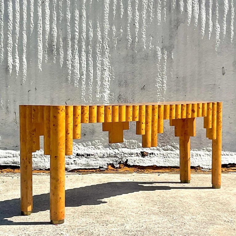 Vintage Boho Burl Wood Scalloped Trip Console Table For Sale at 1stDibs