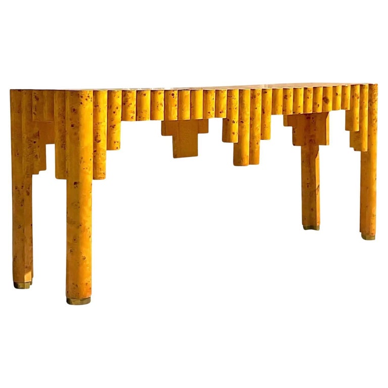 Vintage Boho Burl Wood Scalloped Trip Console Table For Sale at 1stDibs