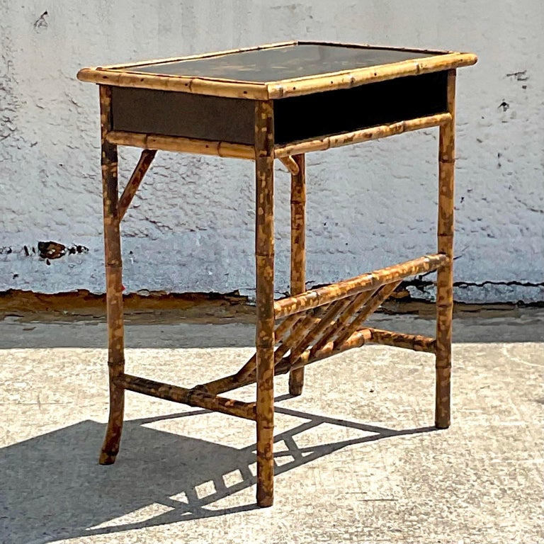 Vintage Boho Burnt Bamboo Chinoiserie Side Table For Sale at 1stDibs