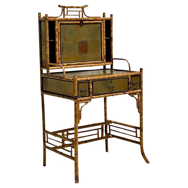 Vintage Boho Burnt Bamboo Writing Desk and Chair For Sale at 1stDibs