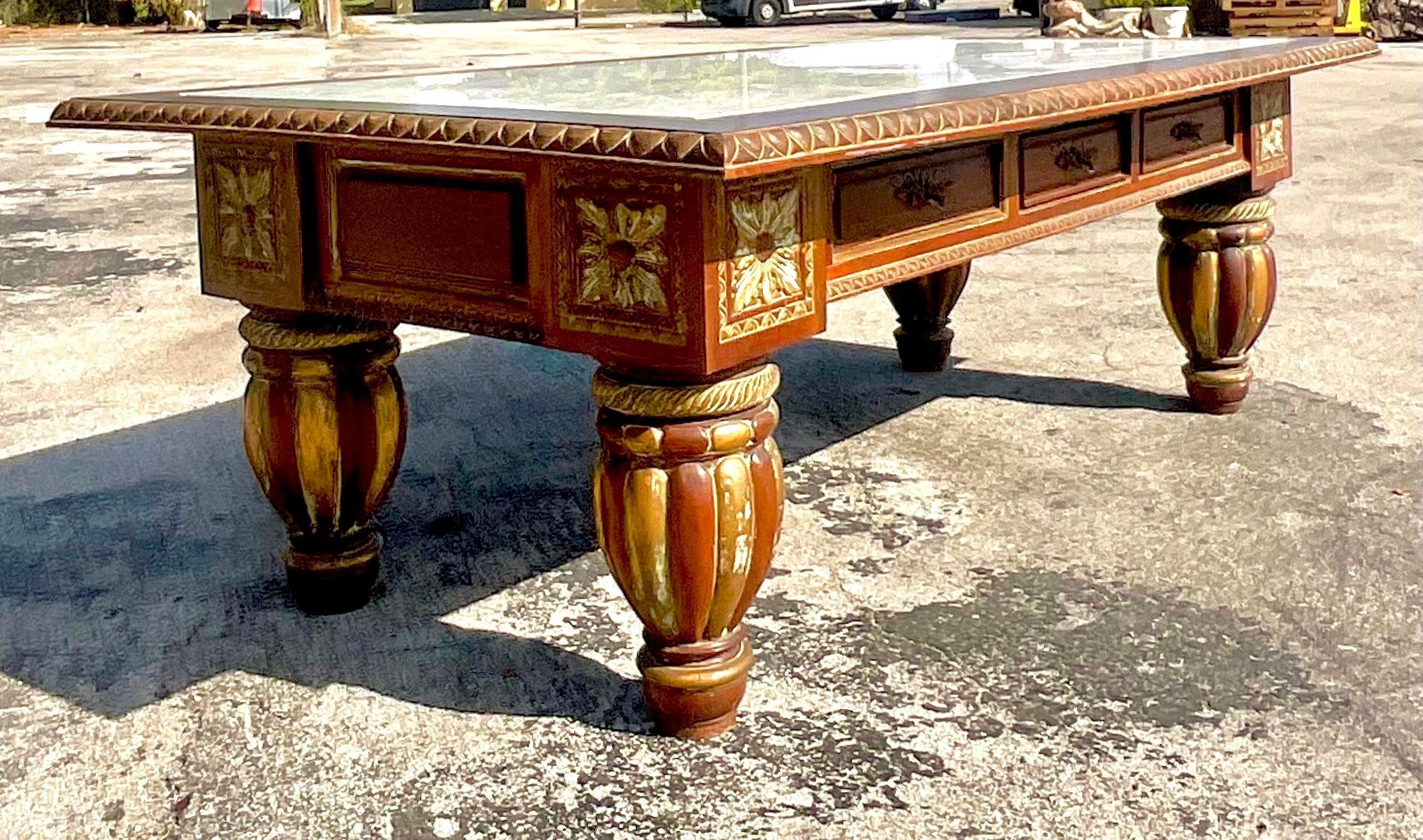 Vintage Boho Carved Library Table For Sale at 1stDibs