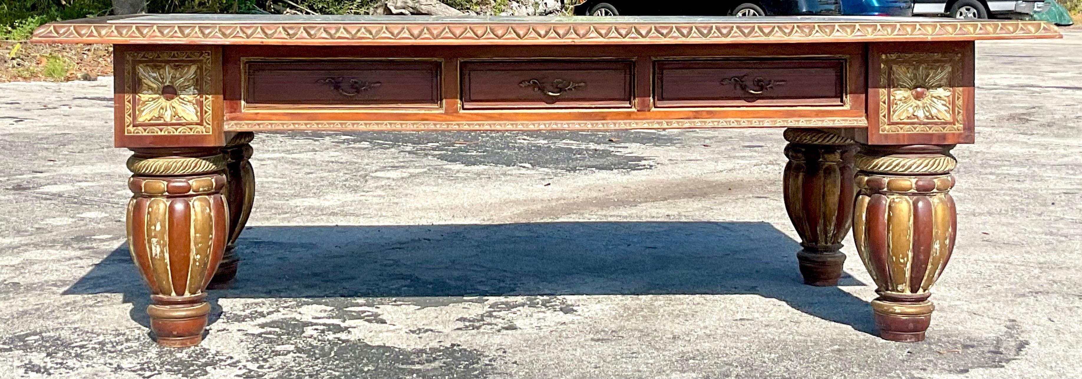 Vintage Boho Carved Library Table For Sale at 1stDibs