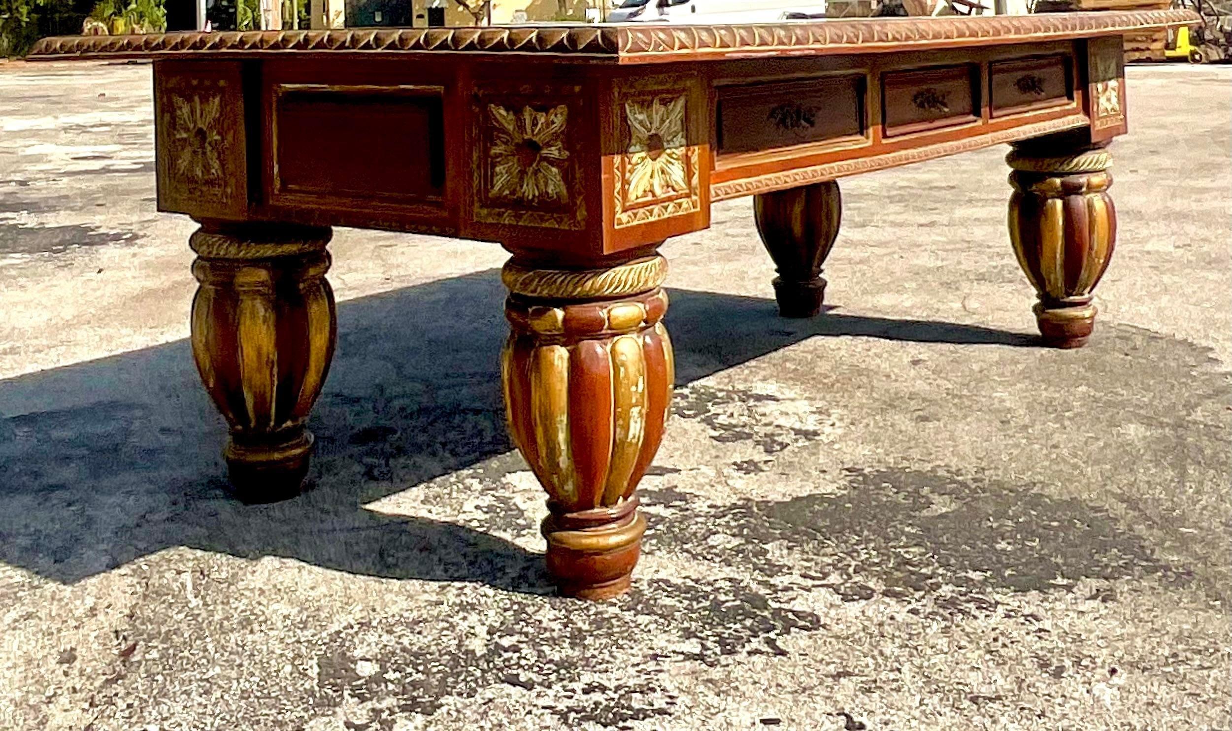 Vintage Boho Carved Library Table For Sale at 1stDibs