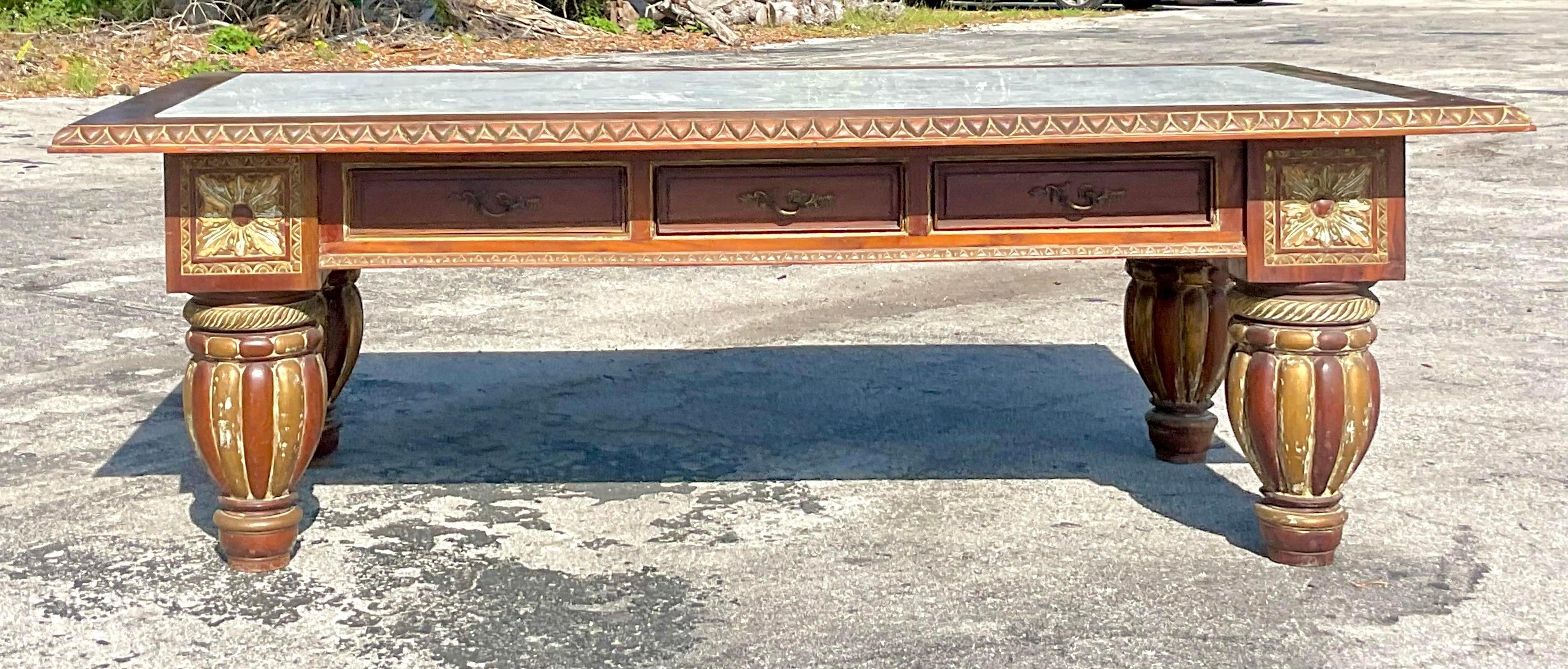 Vintage Boho Carved Library Table For Sale at 1stDibs