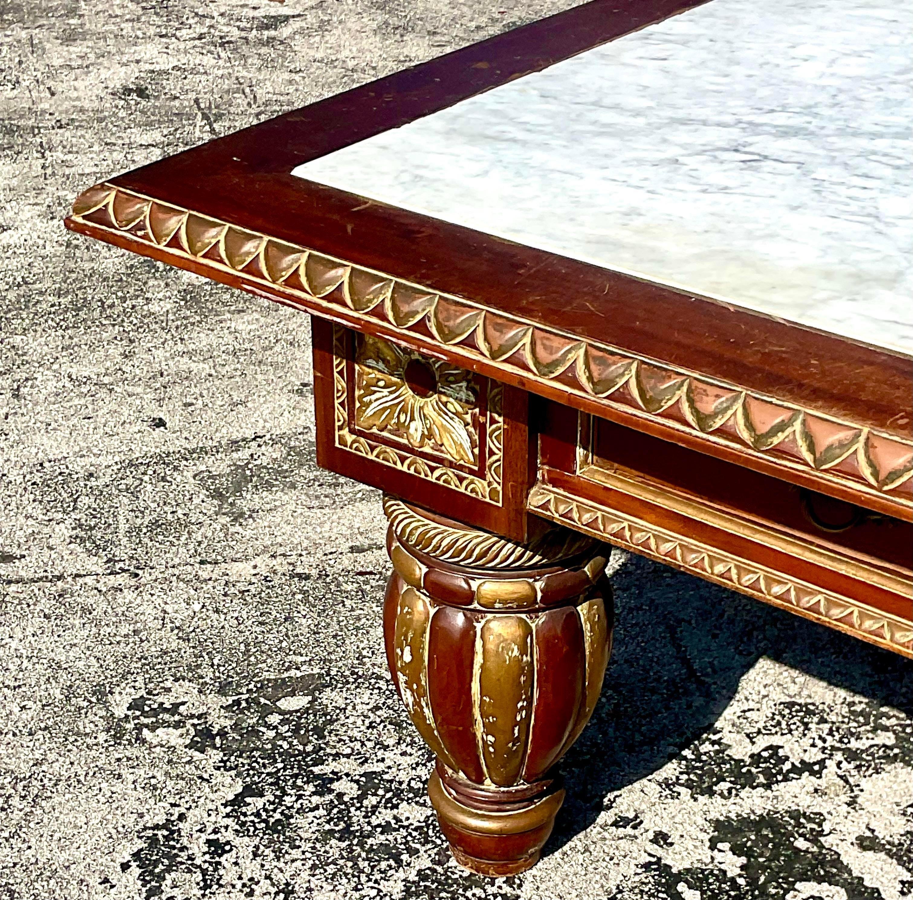 Vintage Boho Carved Library Table For Sale at 1stDibs