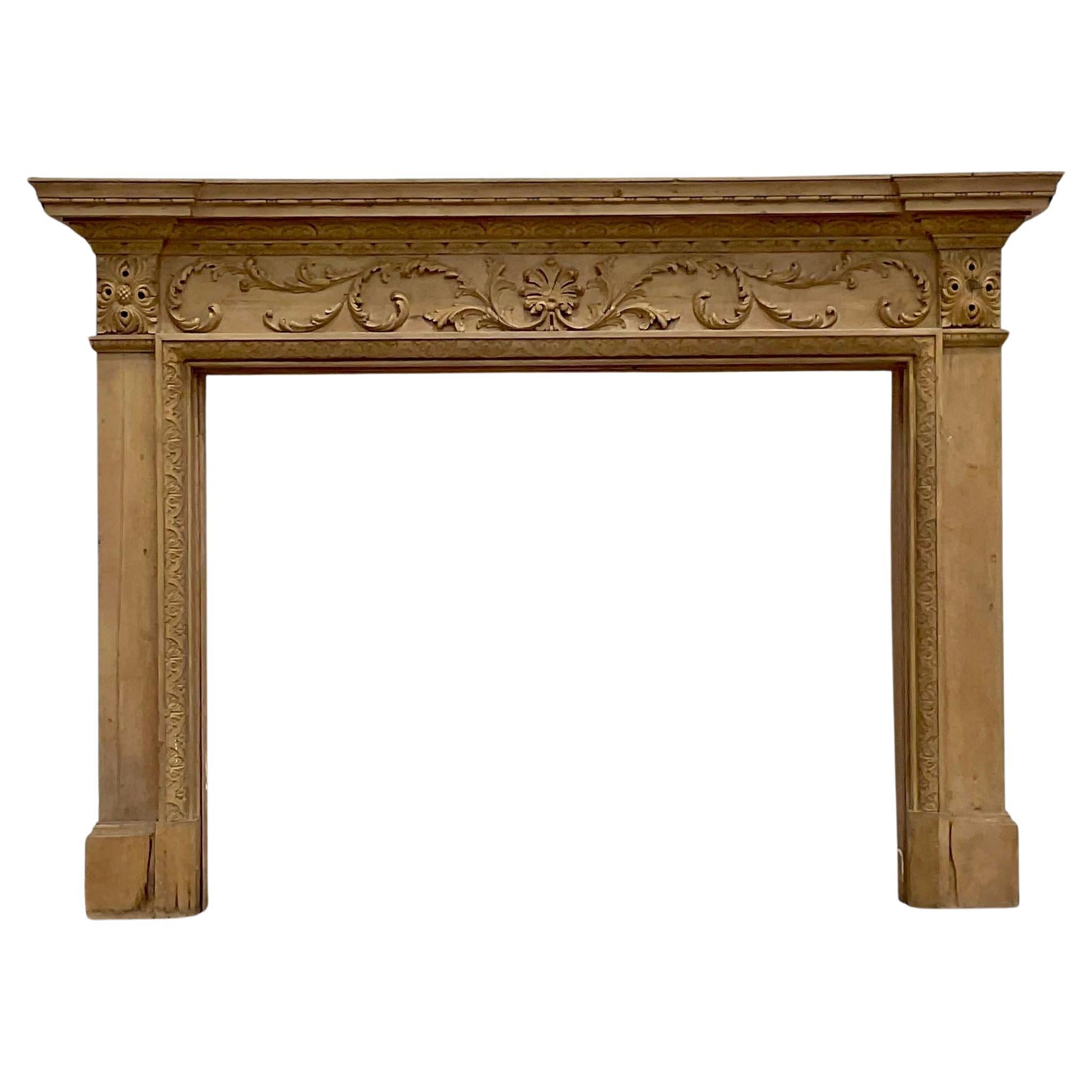 Vintage Boho Carved Pine Fireplace Mantle For Sale at 1stDibs