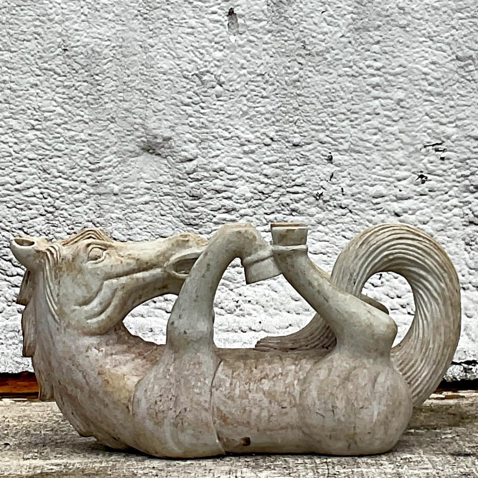 Vintage Boho Carved Stone Horse on Ground Sculpture For Sale at 1stDibs