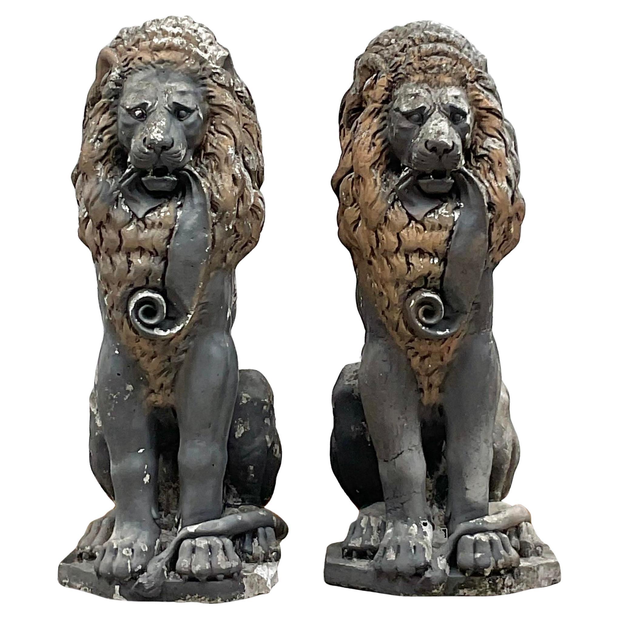 Vintage Boho Cast Concrete Lion Statues - a Pair For Sale at 1stDibs