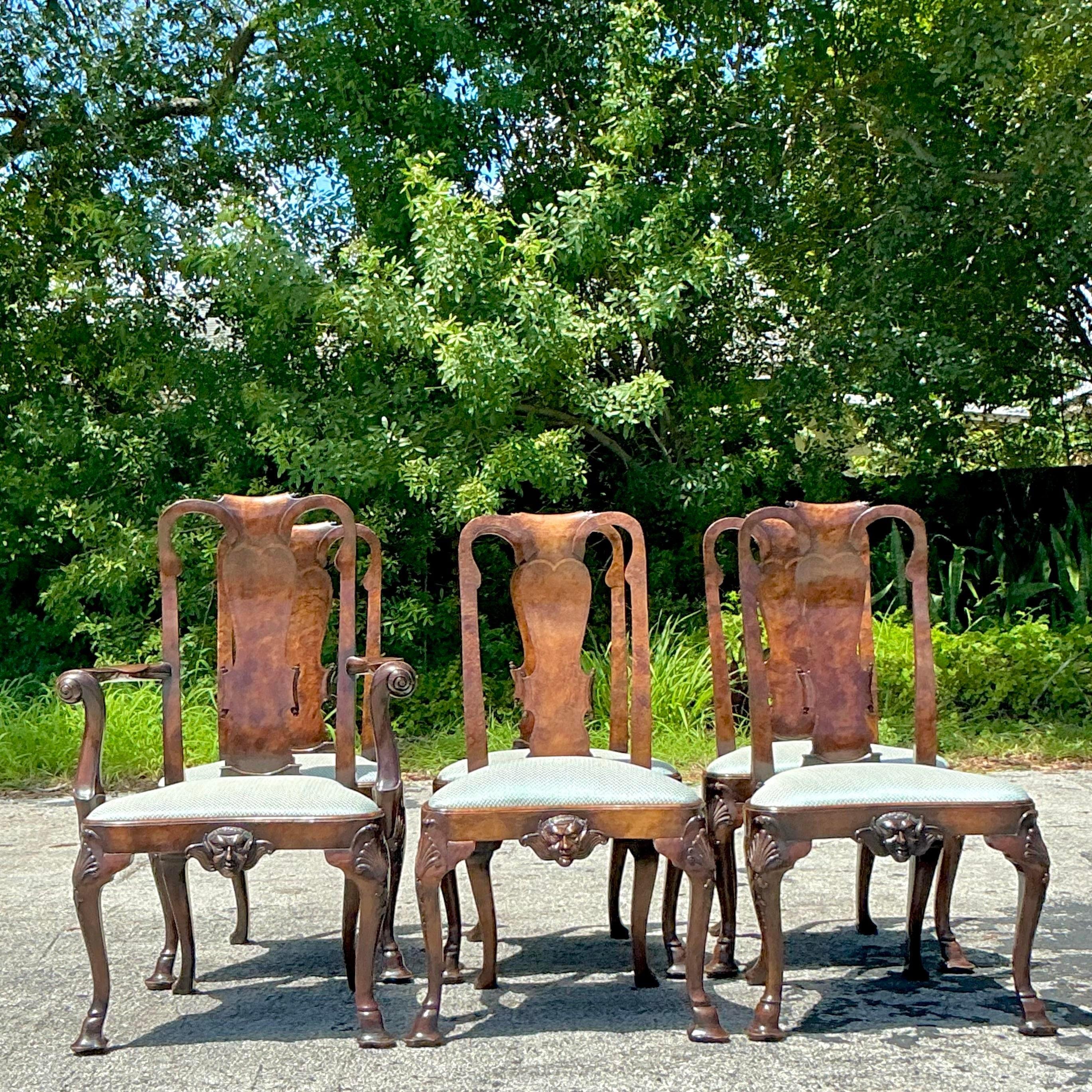 Vintage Boho Caved Chippendale a Burl Wood Dining Chairs - Set of 6 For ...