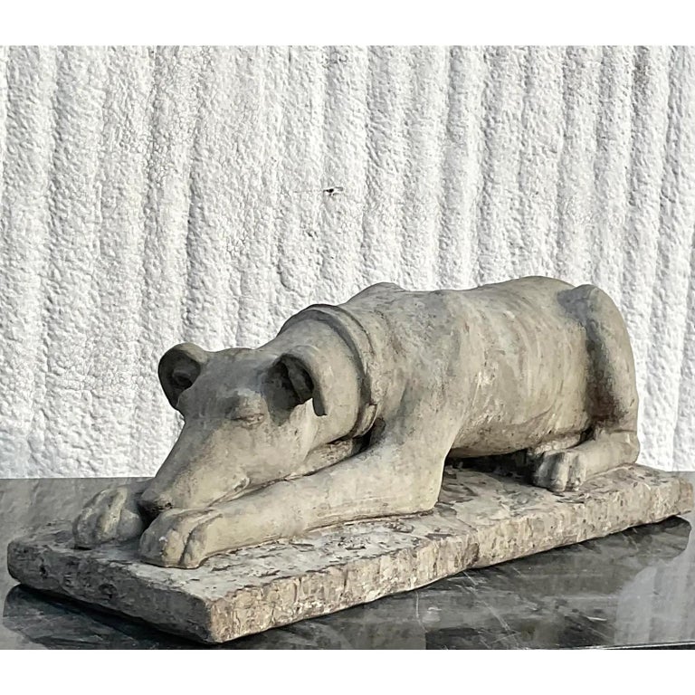 Vintage Boho Cement Reclining Dog Statue For Sale at 1stDibs