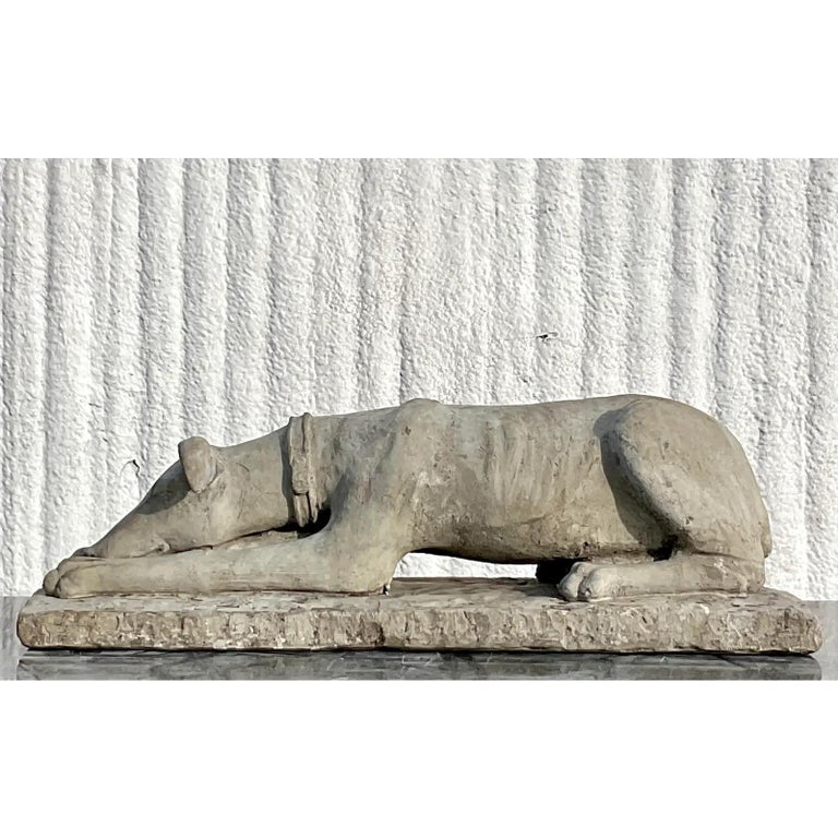 Vintage Boho Cement Reclining Dog Statue For Sale at 1stDibs