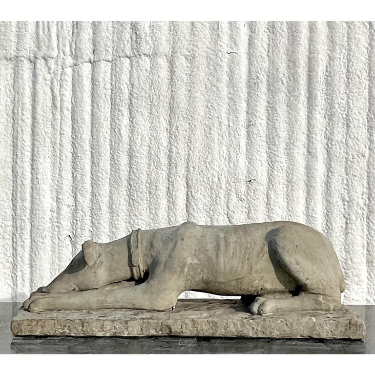 Vintage Boho Cement Reclining Dog Statue For Sale at 1stDibs