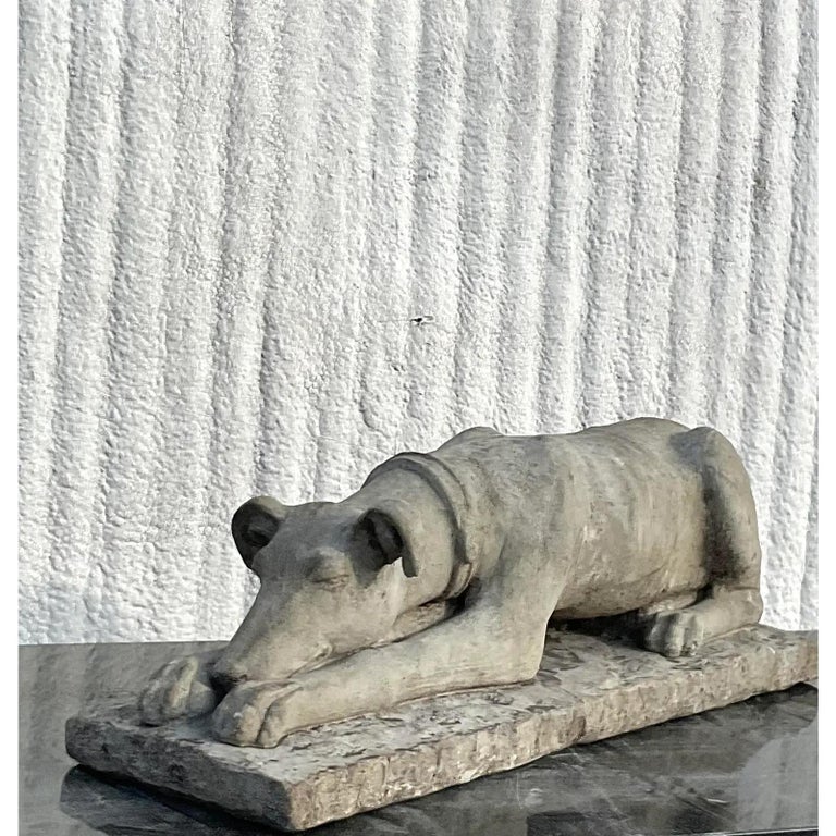 Vintage Boho Cement Reclining Dog Statue For Sale at 1stDibs