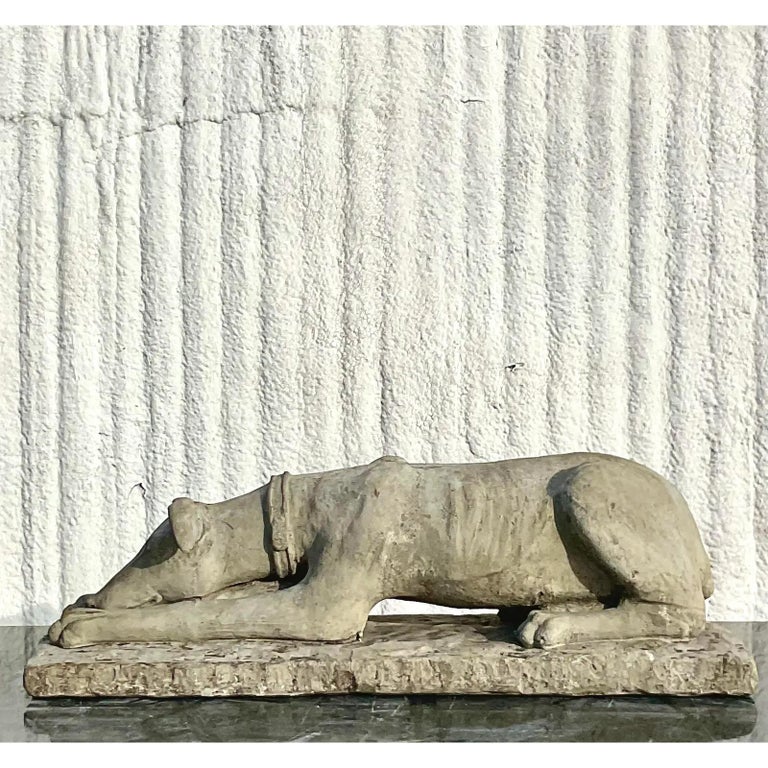 Vintage Boho Cement Reclining Dog Statue For Sale at 1stDibs