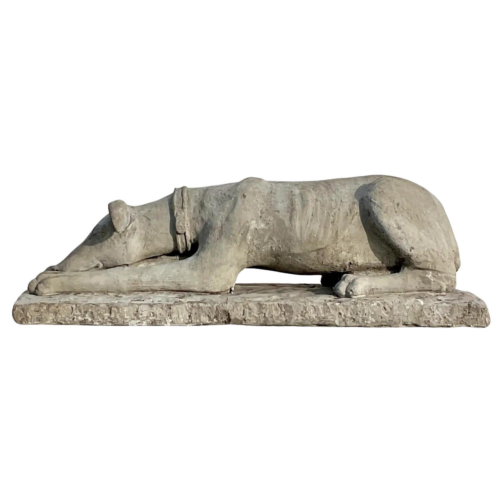 Vintage Boho Cement Reclining Dog Statue For Sale at 1stDibs