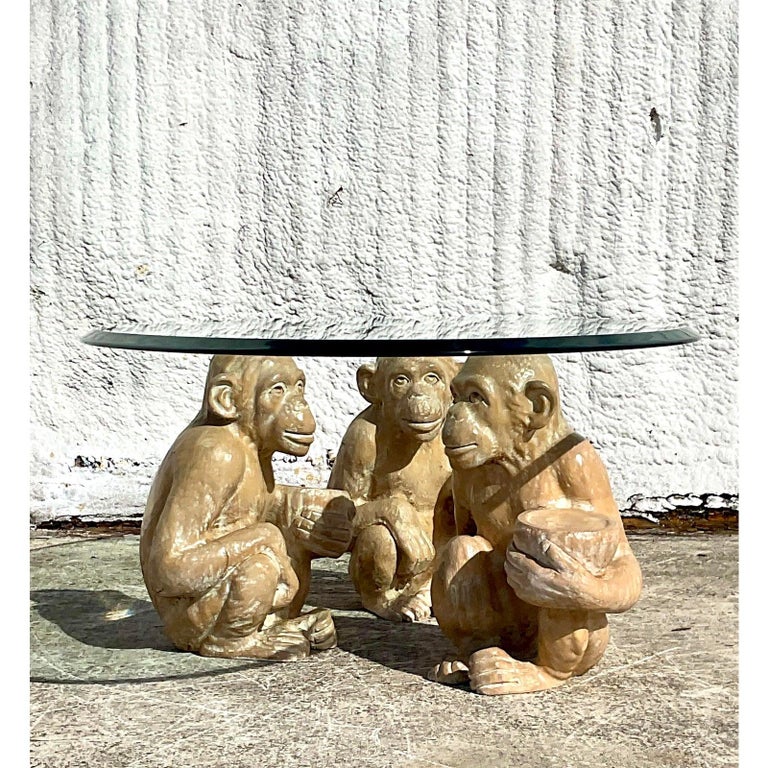 Vintage Boho Cerused Carved Monkey Coffee Table For Sale at 1stDibs