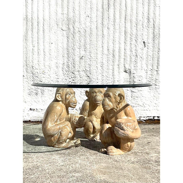 Vintage Boho Cerused Carved Monkey Coffee Table For Sale at 1stDibs