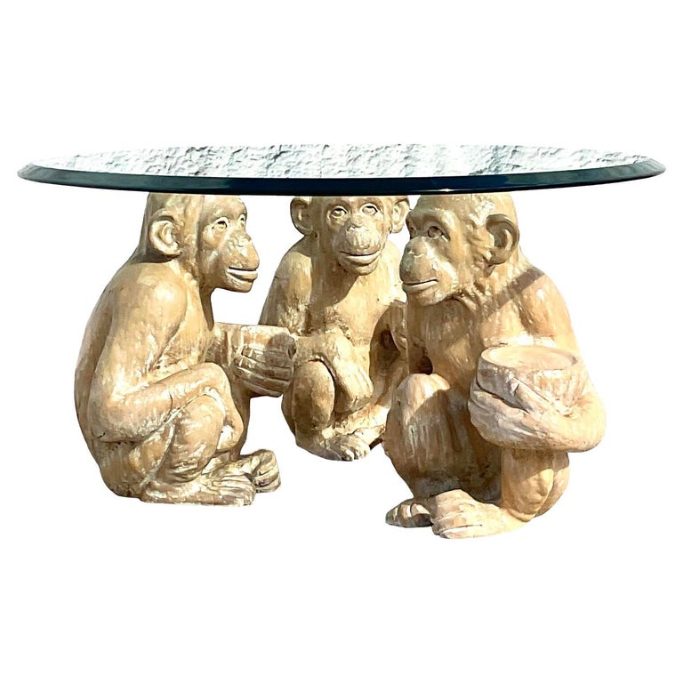 Vintage Boho Cerused Carved Monkey Coffee Table For Sale at 1stDibs
