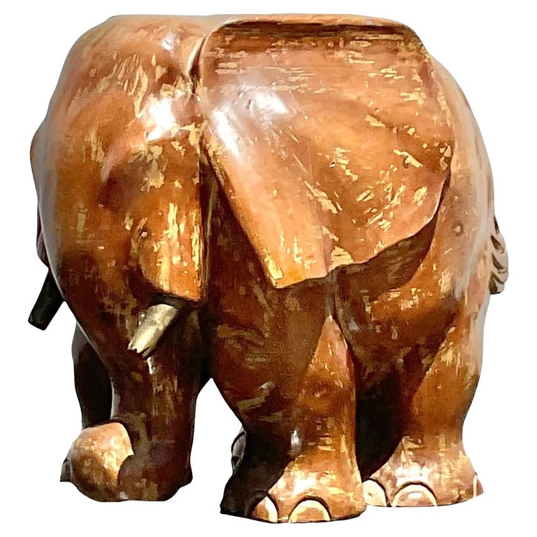 Vintage Boho Cerused Carved Wood Elephant Stool For Sale at 1stDibs
