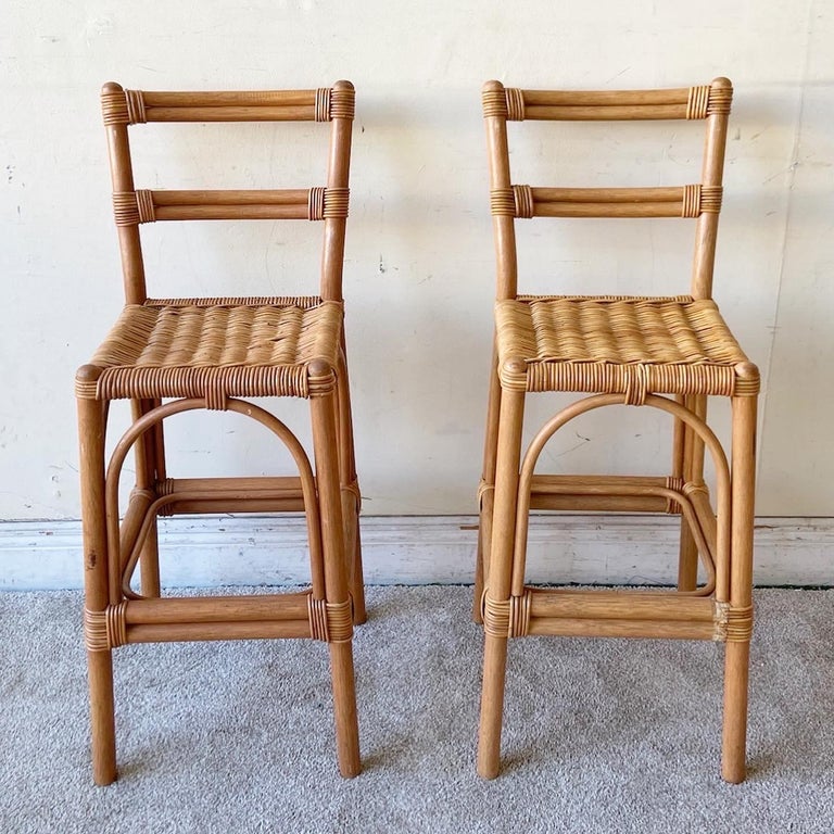 Vintage Boho Chic Bamboo Rattan Stools - a Pair For Sale at 1stDibs