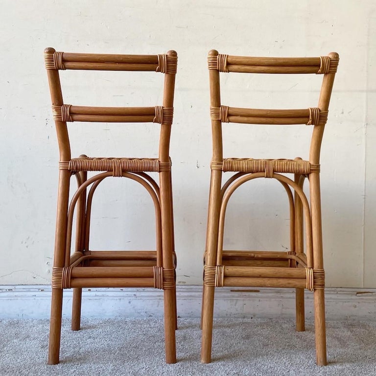 Vintage Boho Chic Bamboo Rattan Stools - a Pair For Sale at 1stDibs