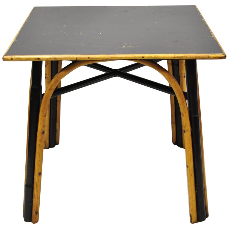 Vintage Boho Chic Bentwood Bamboo Square Card Game Table Wicker Dining ...