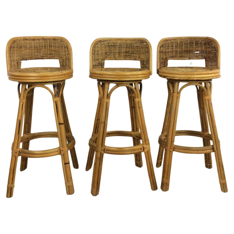Vintage Boho Chic Set of 3 Rattan Swivel Stools For Sale at 1stDibs