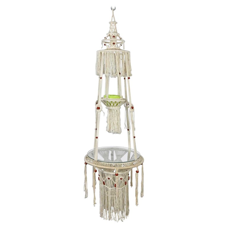 Vintage Boho Chic White Cord Macramé Hanging Table and Round Glass Top ...