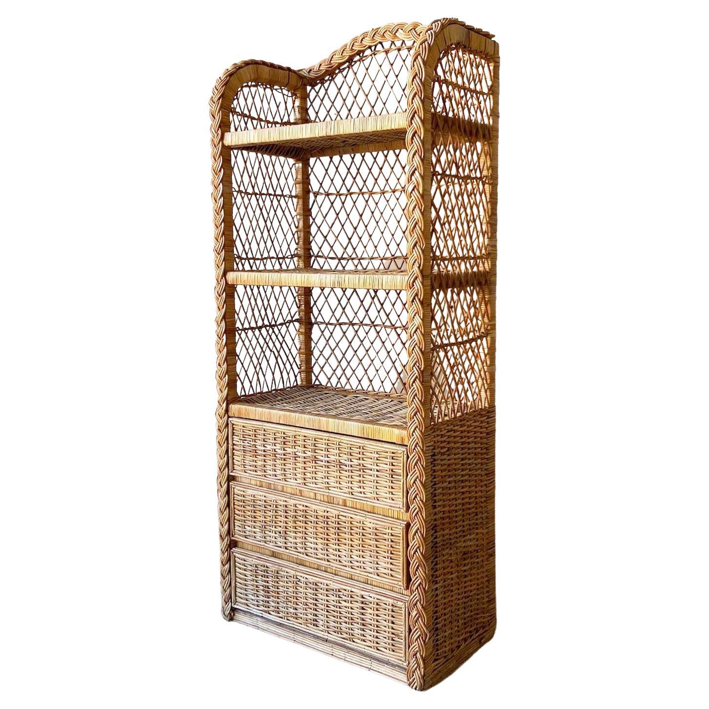 Vintage Boho Chic Woven Wicker Etagere For Sale at 1stDibs