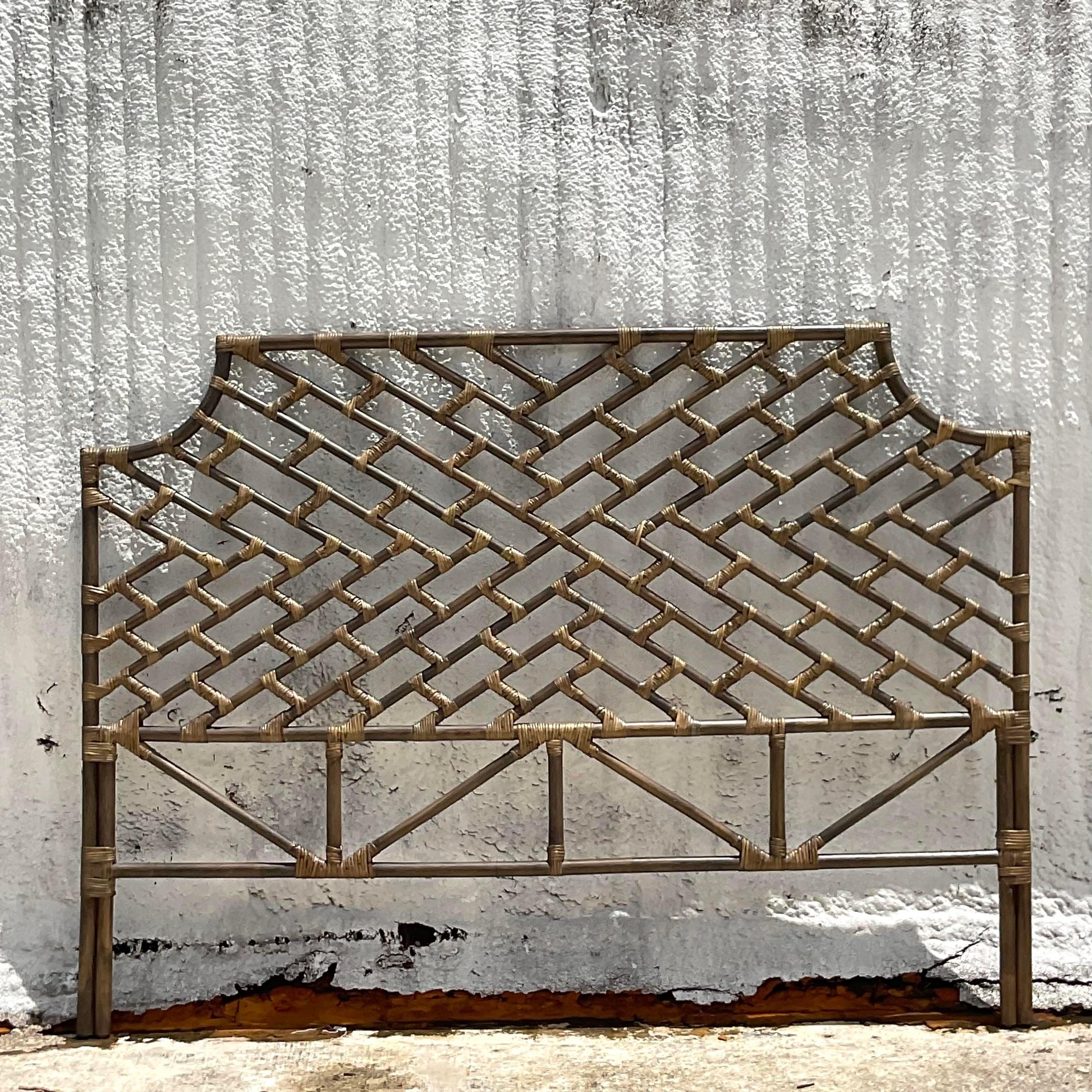 Vintage Boho Chinese Chippendale King Rattan Headboard For Sale at 1stDibs