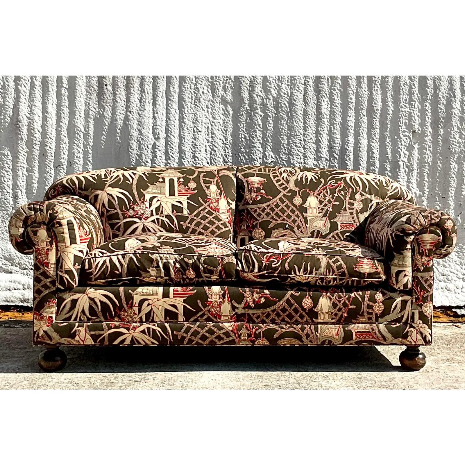 Vintage Boho Chinoiserie Roll Arm Sofa at 1stDibs