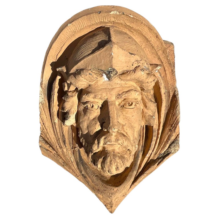 Vintage Boho Concrete Architectural Pediment Head For Sale at 1stDibs