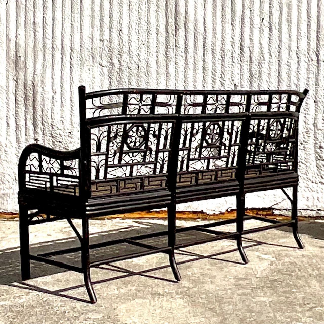 Vintage Boho Cottage and Bungalow Ebony Rattan and Cane Bahamian Triple ...